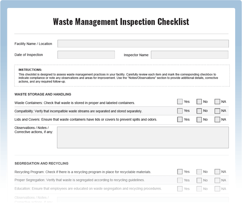 Waste Management Inspection Checklist Download Free PDF Waste Management Inspection Checklist Download Free PDF